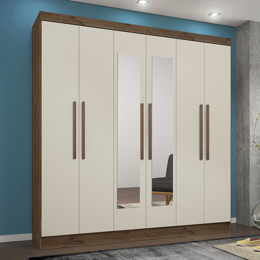 Guarda Roupa Vênus 6 Portas + Espelho e 3 Gavetas Ébano/Off White | MadeiraMadeira