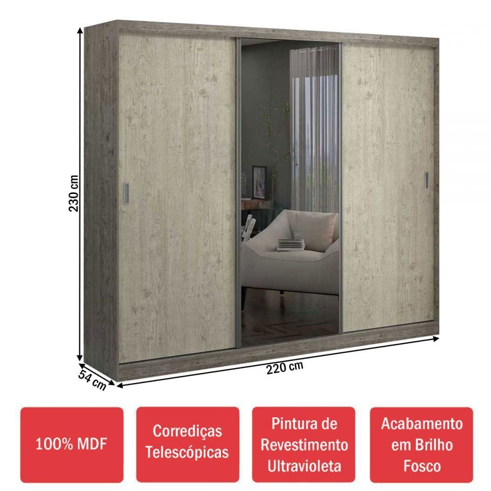GUARDA-ROUPA CASAL 3 PORTAS COM 1 ESPELHO 100% MDF 774E1 DEMOLI/MARFIM ...