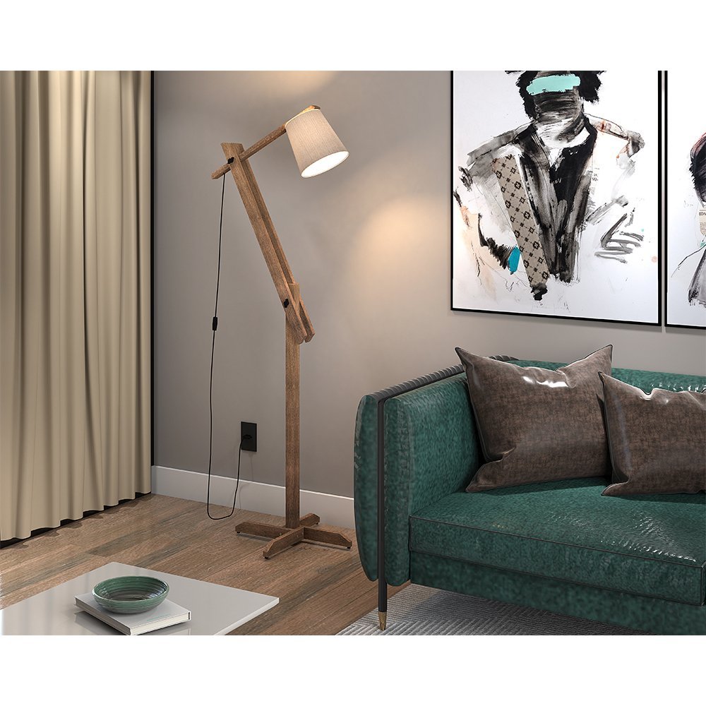 Luminária Luxo Abajur de Chão Articulada em Madeira Pérola com Cúpula ...