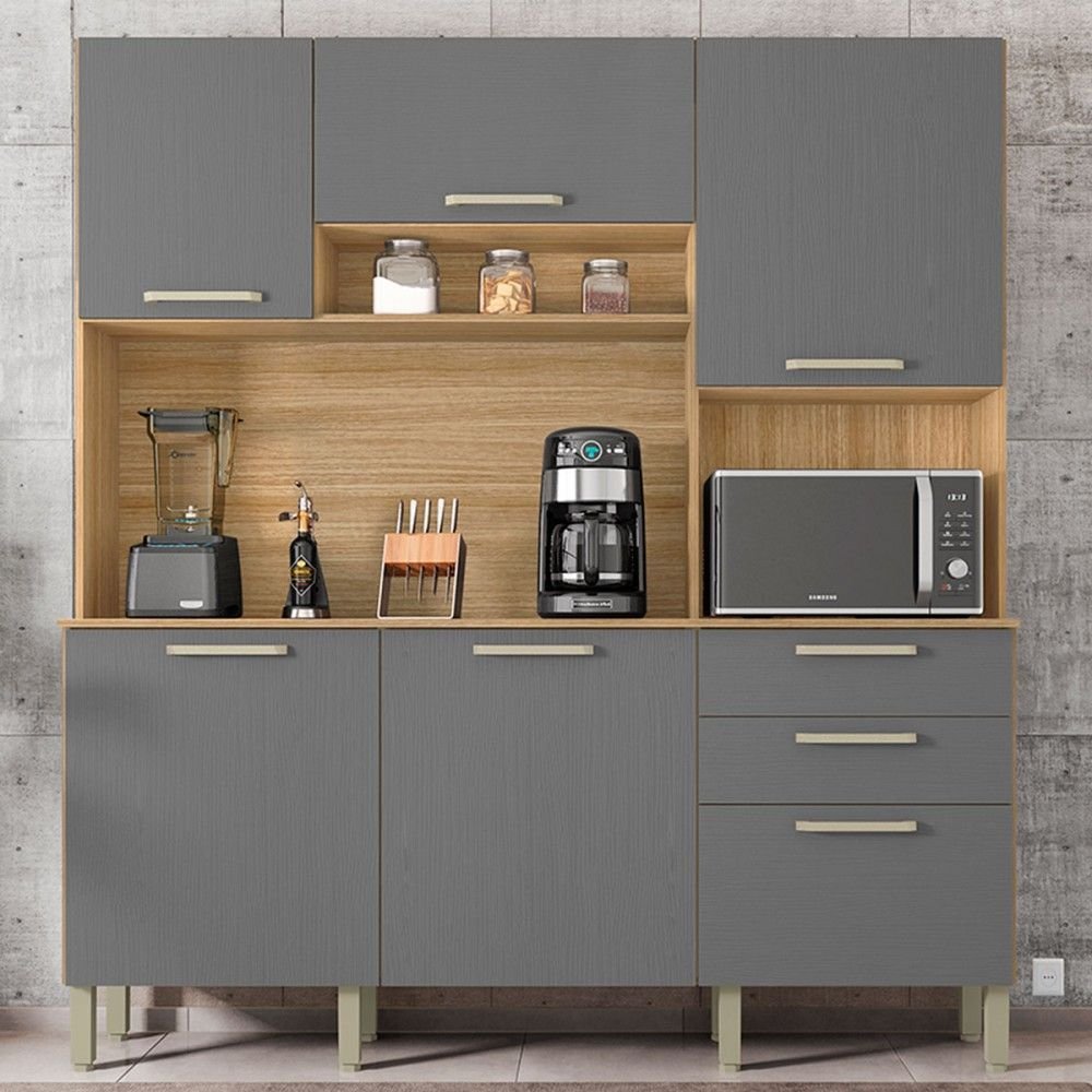 Armário de Cozinha com Balcão Ester 6 Portas 2 Gavetas Freijó/gris ...