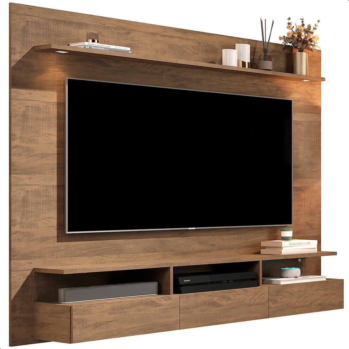 Painel Tv até 75 Polegadas com Led Prateleiras Qatar Âmbar | MadeiraMadeira
