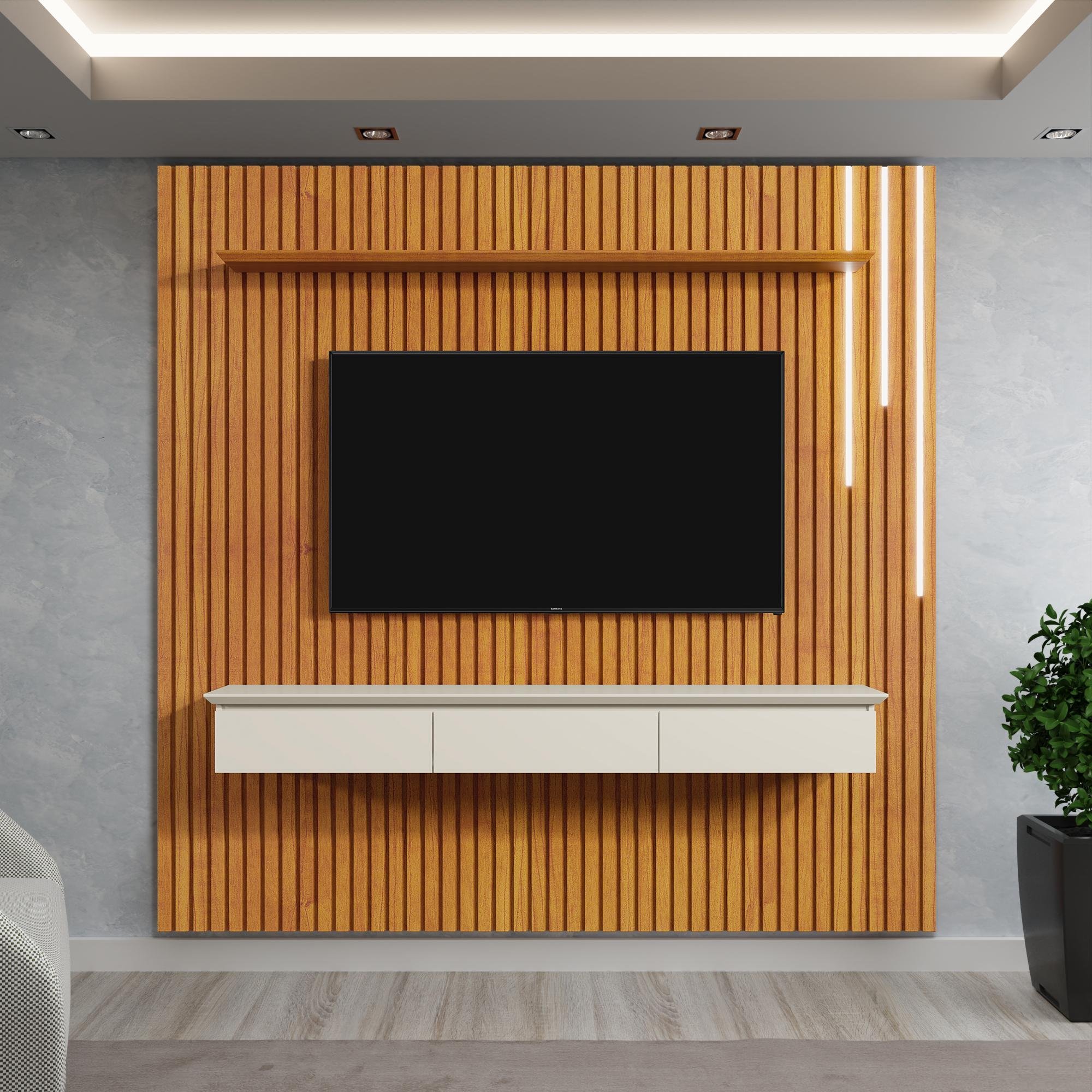 Painel Ripado com Nicho 3 Gavetas Lyon 183 X 250cm Naturalle Off White ...