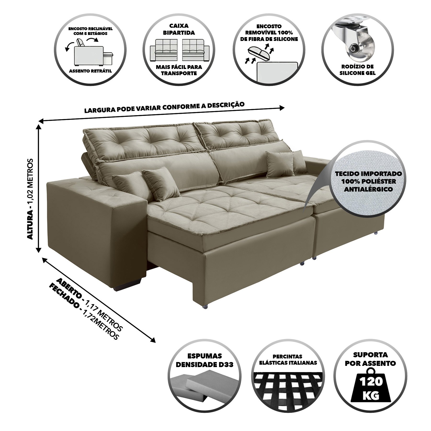 Sofá VENEZA 3,02m Retrátil Reclinável SUEDE Castor | MadeiraMadeira