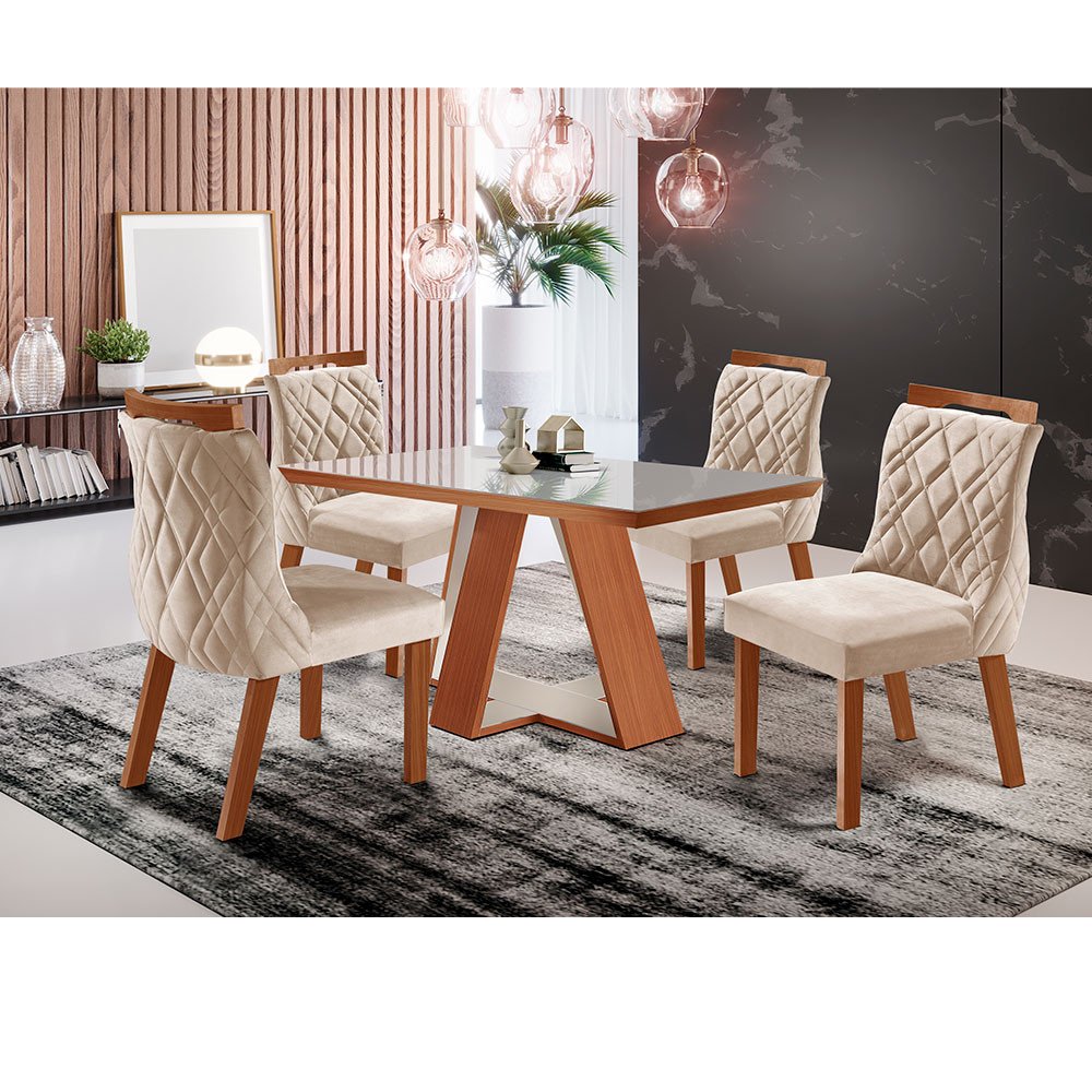 Conjunto Sala de Jantar Viena Madri Mesa Tampo MDF/Vidro e 4 Cadeiras ...