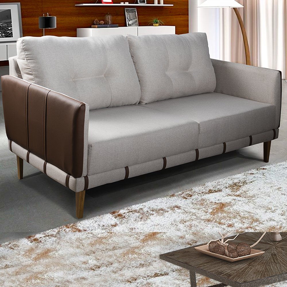 Sofá 3 Lugares Living Grécia Linho Bege com Corino Caramelo 200cm ...