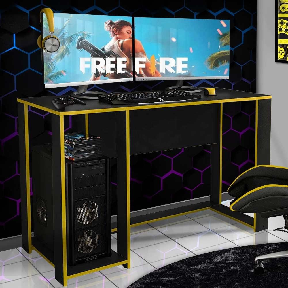Mesa Gamer PC Preta Amarela Politorno | MadeiraMadeira