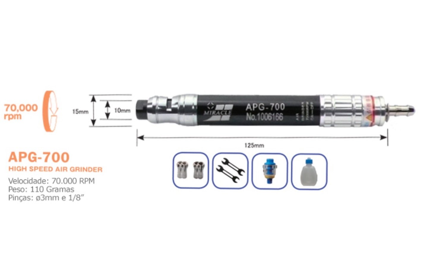 Buril Micro Retífica Pneumática Alta Velocidade 70 000 Rpm Pinça