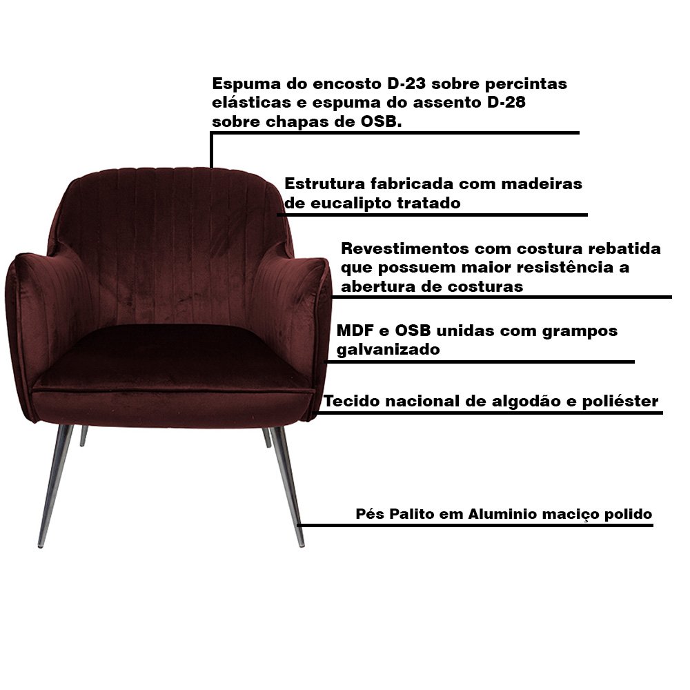 Poltrona Decorativa Hannah Pés Palito Polido Veludo Malbec - Gran Belo | MadeiraMadeira