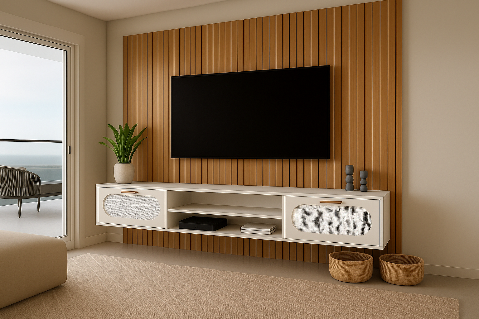 Estante Home para Tv Suspenso + Painel Grande Ripado Mdf:nature / Off ...