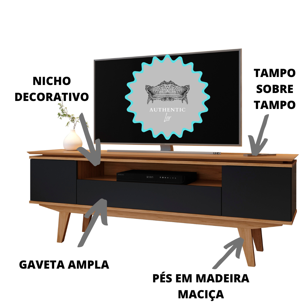 RACK IRIS 160 COM NICHO EM VIDRO PARA TV ATÉ 75” - PRETO | MadeiraMadeira