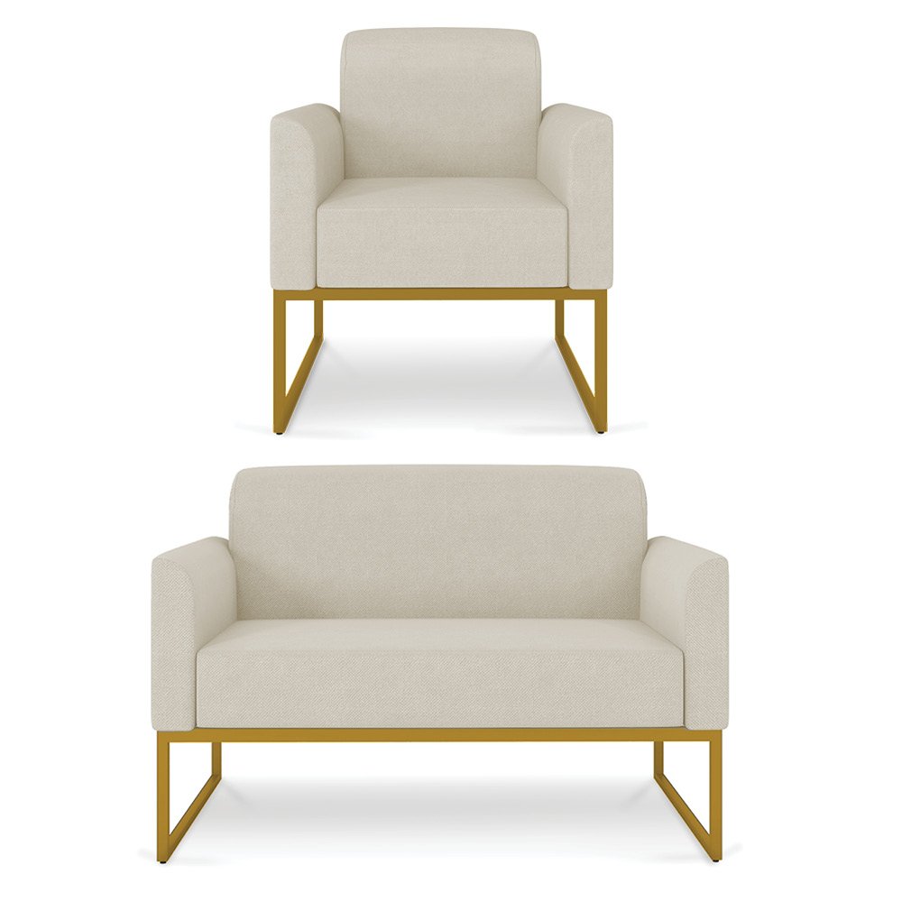 Kit 01 Namoradeira 02 Lugares e 01 Poltrona Marisa Linho Base Industrial Metálica Dourado - D ...