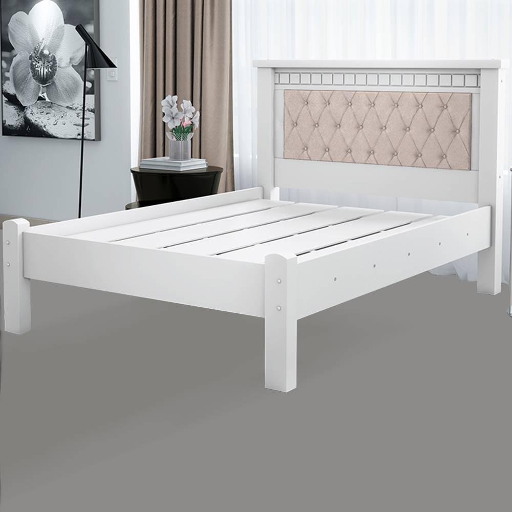 Cama Queen Size Reforçada Com Capitonê Branco E Bege Fênix | MadeiraMadeira