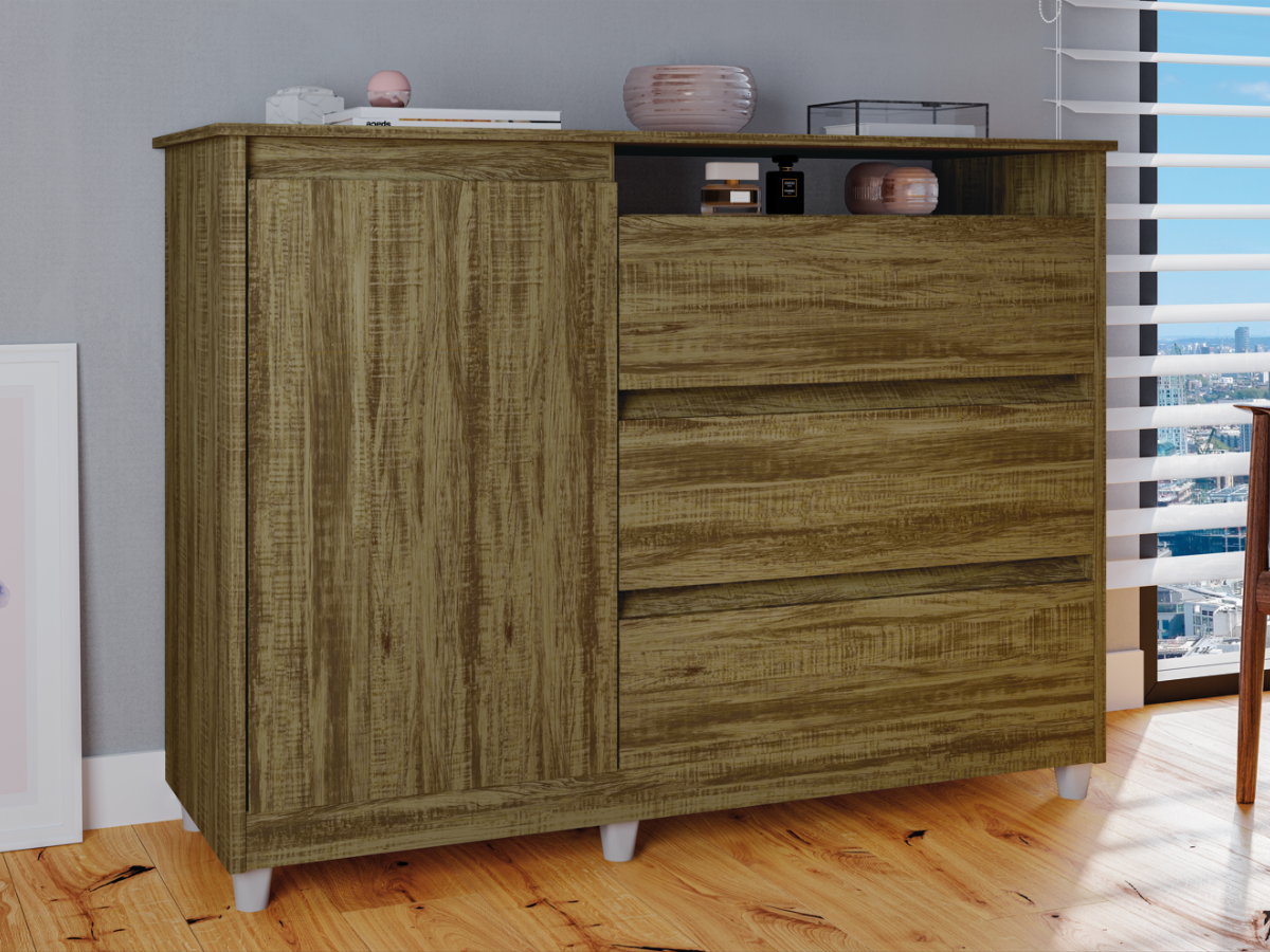 Cômoda Pequena para Quarto 3 Gavetas SKY Primus:Amêndoa | MadeiraMadeira
