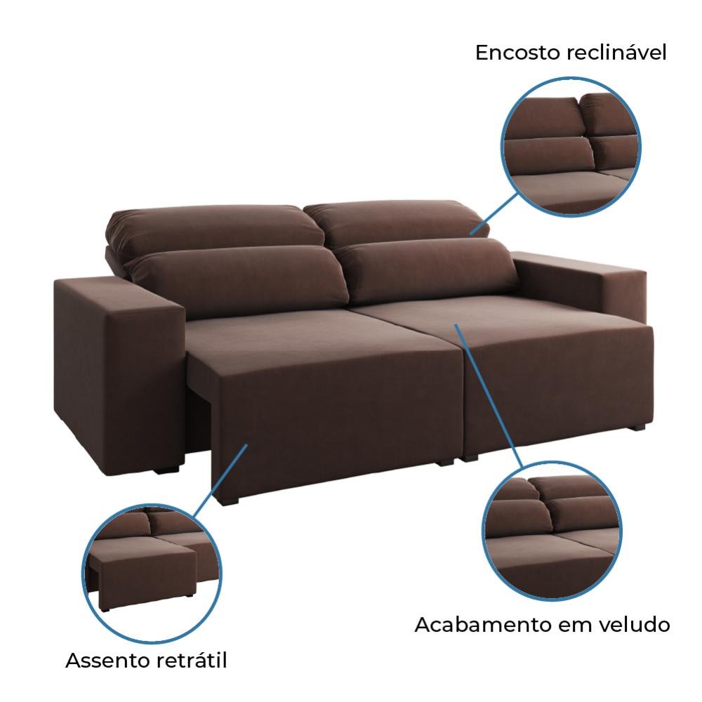 Sofá Retrátil e Reclinável 2m 3 Lugares Milão Marrom Veludo ...