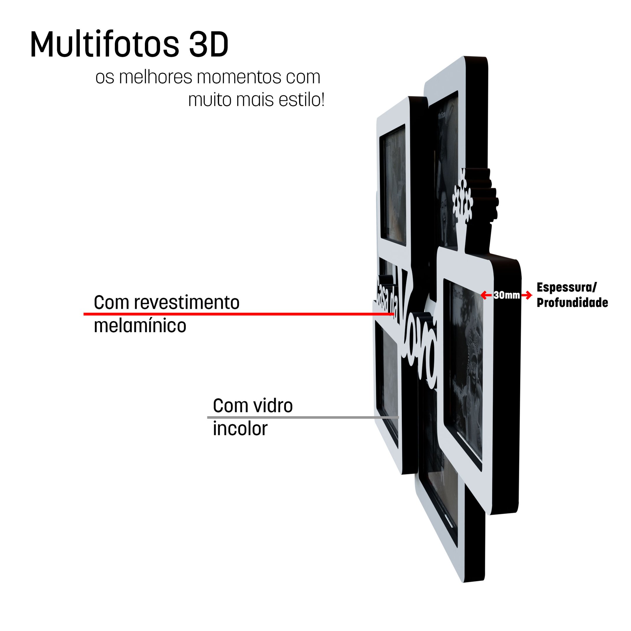 Quadro Casa Da Vovó Multifotos 3D Premium P/ 6 Fotos Premium:Branco | MadeiraMadeira