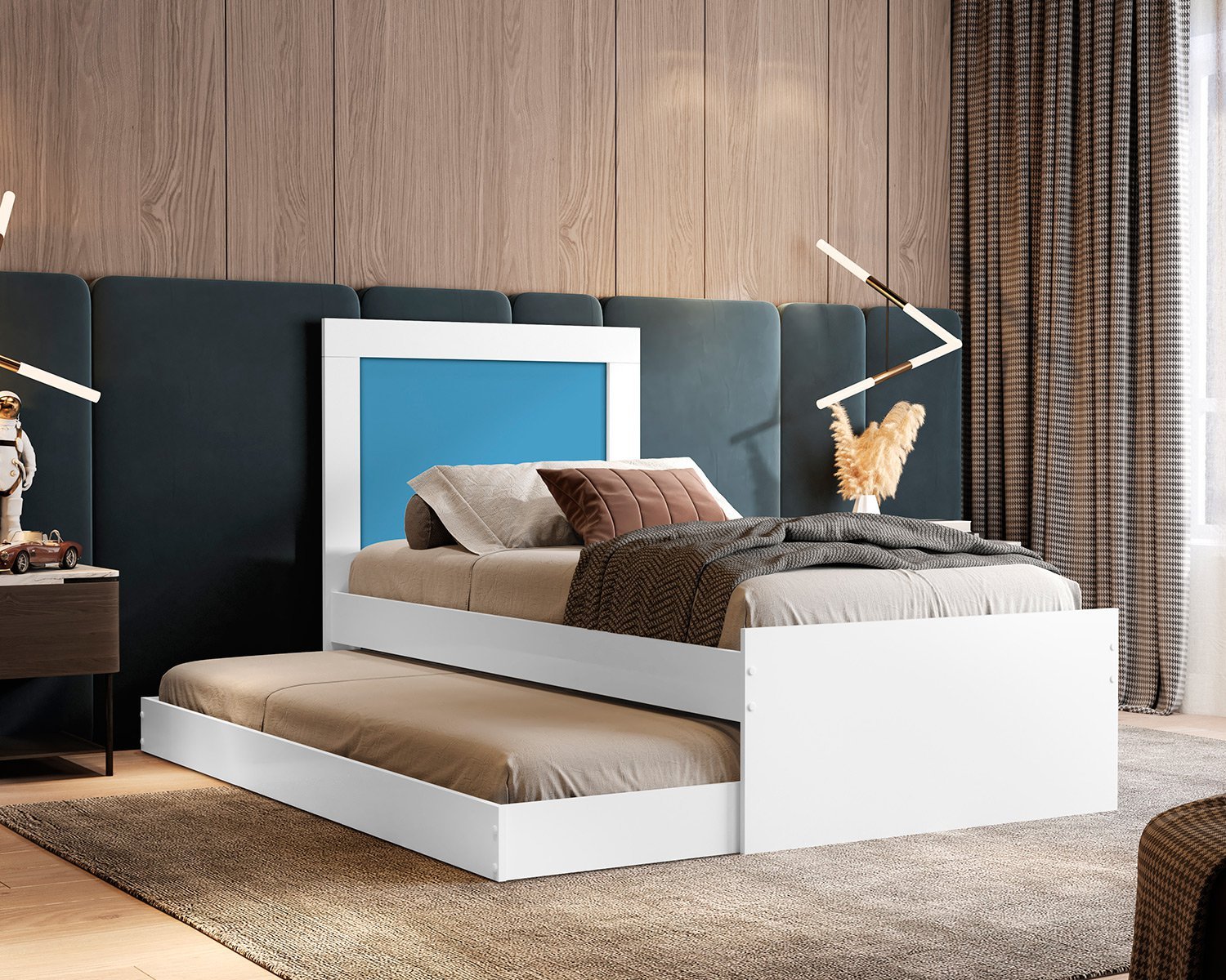 Bicama Solteiro Com Cama Auxiliar Bibox Luara Branco/Azul | MadeiraMadeira