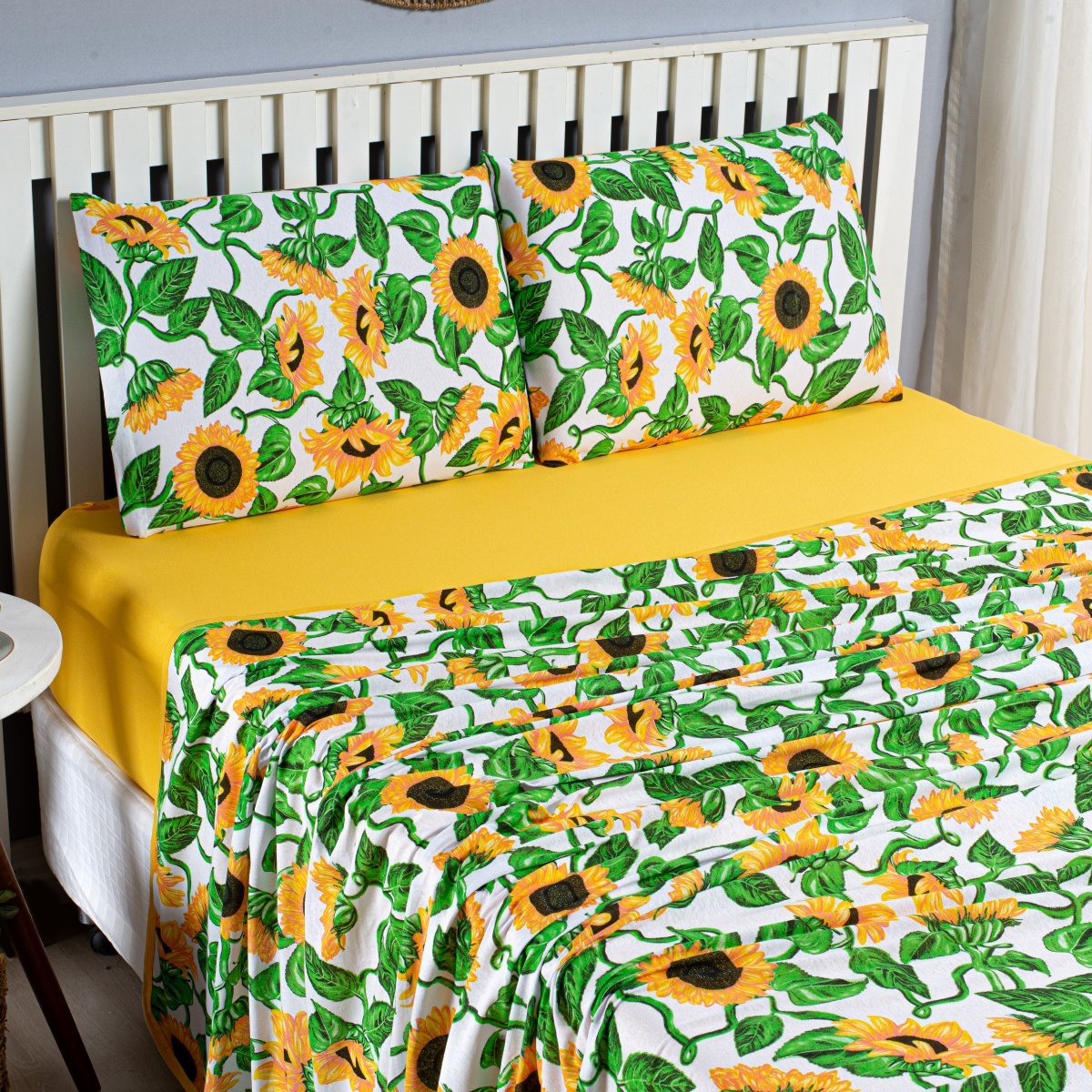 Jogo de Lençol Cama Queen 100% Algodão Malha Penteada 4 peças:Girassol ...
