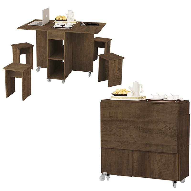 Mesa Dobrável Jade Com 4 Bancos De Encaixe e Rodízios Castanho ...