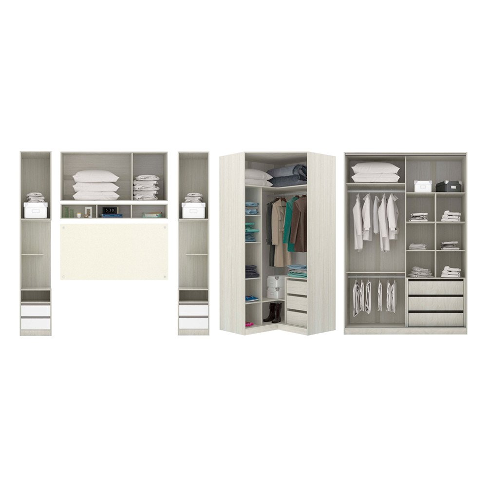 Guarda Roupa Canto Casal 10 Gavetas e 9 Portas Legno Crema com Kashmir ...