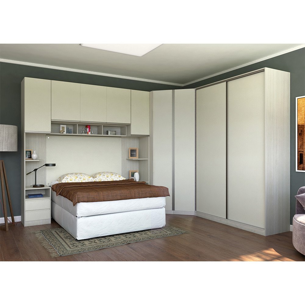 Guarda Roupa Canto Casal 10 Gavetas e 9 Portas Legno Crema com Kashmir ...