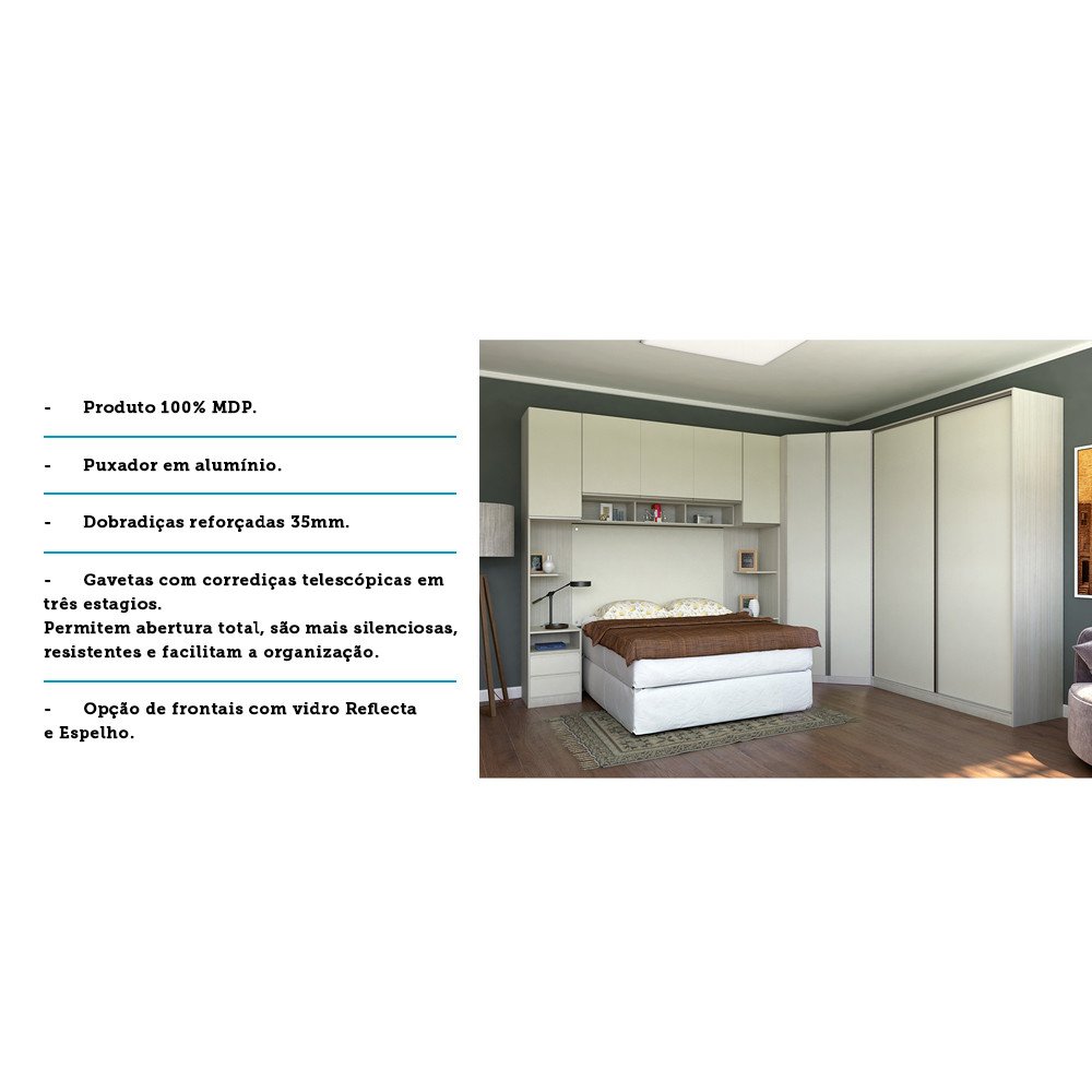 Guarda Roupa Canto Casal 10 Gavetas e 9 Portas Legno Crema com Kashmir ...