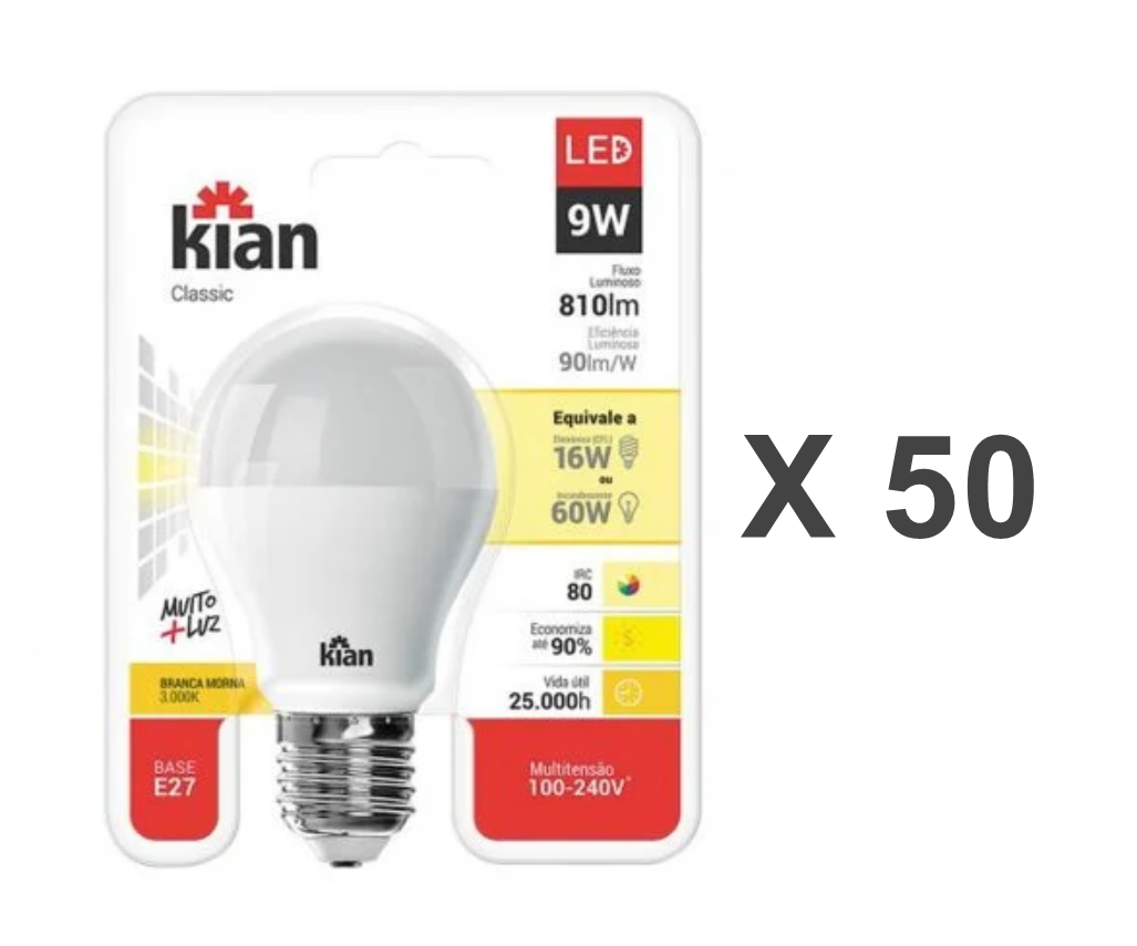 Kit 50 Lâmpada LED 9W Bivolt 3000K Amarelo Kian - 10057 | MadeiraMadeira
