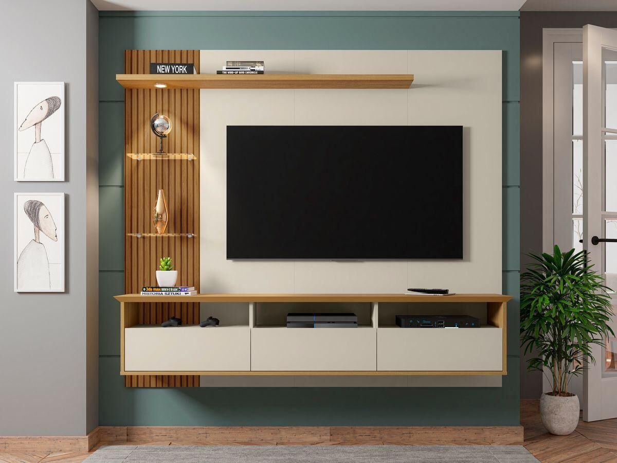 Painel Trend Para TV 60" Off White / Cinamomo Ripado | MadeiraMadeira