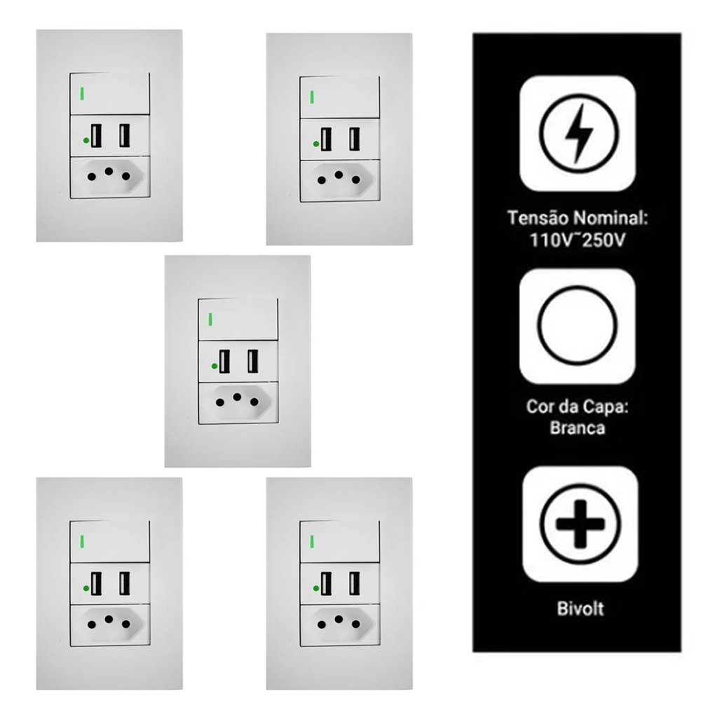 Kit 5 Tomadas de Parede 10a com Usb e Interruptor Bivolt para Casa ...