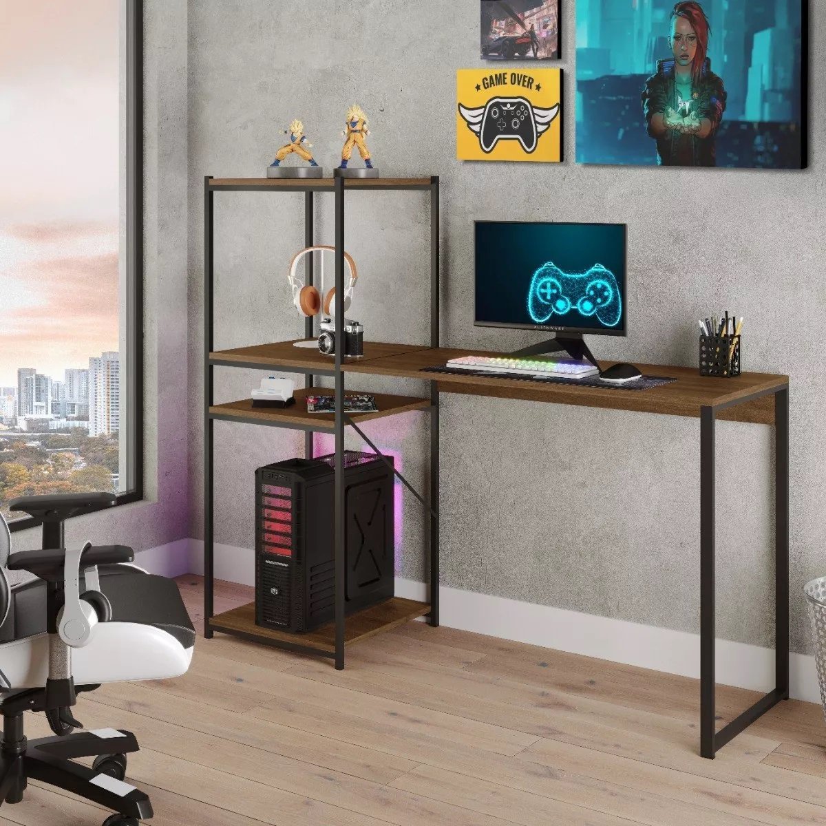 Mesa Gamer Escrivaninha Industrial Com Prateleiras Cor Preto ...