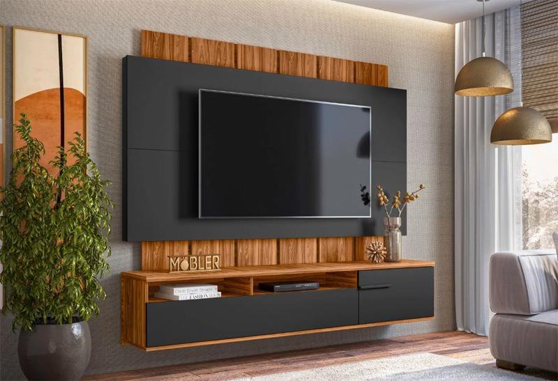 Home Suspenso Sena para TV de até 70 Polegadas Cinamomo Mel / Preto Fosco - Mobler | MadeiraMadeira