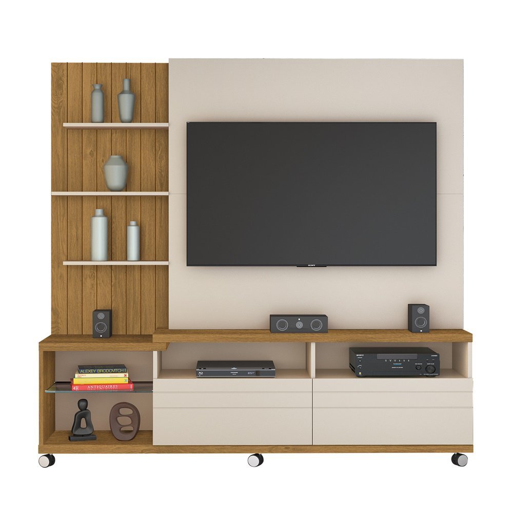 Home Theater Atacama TV 60" Rodízios Porta Nicho Off White Cumaru Germai | MadeiraMadeira