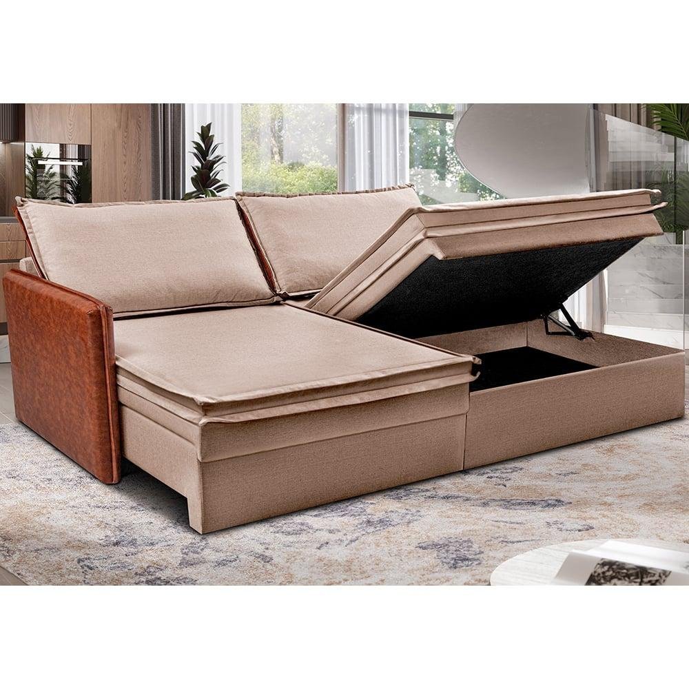 Sofá sem Caixa Retrátil Baú 1,75m Cama Inbox Grace Tecido Linho e Courino Bege Escuro ...