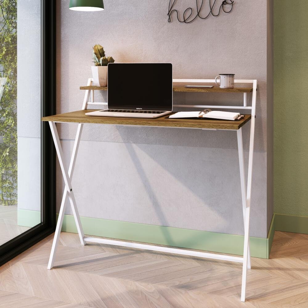 Escrivaninha Industrial Dobrável com 1 Prateleira - Branco/Castanho | MadeiraMadeira