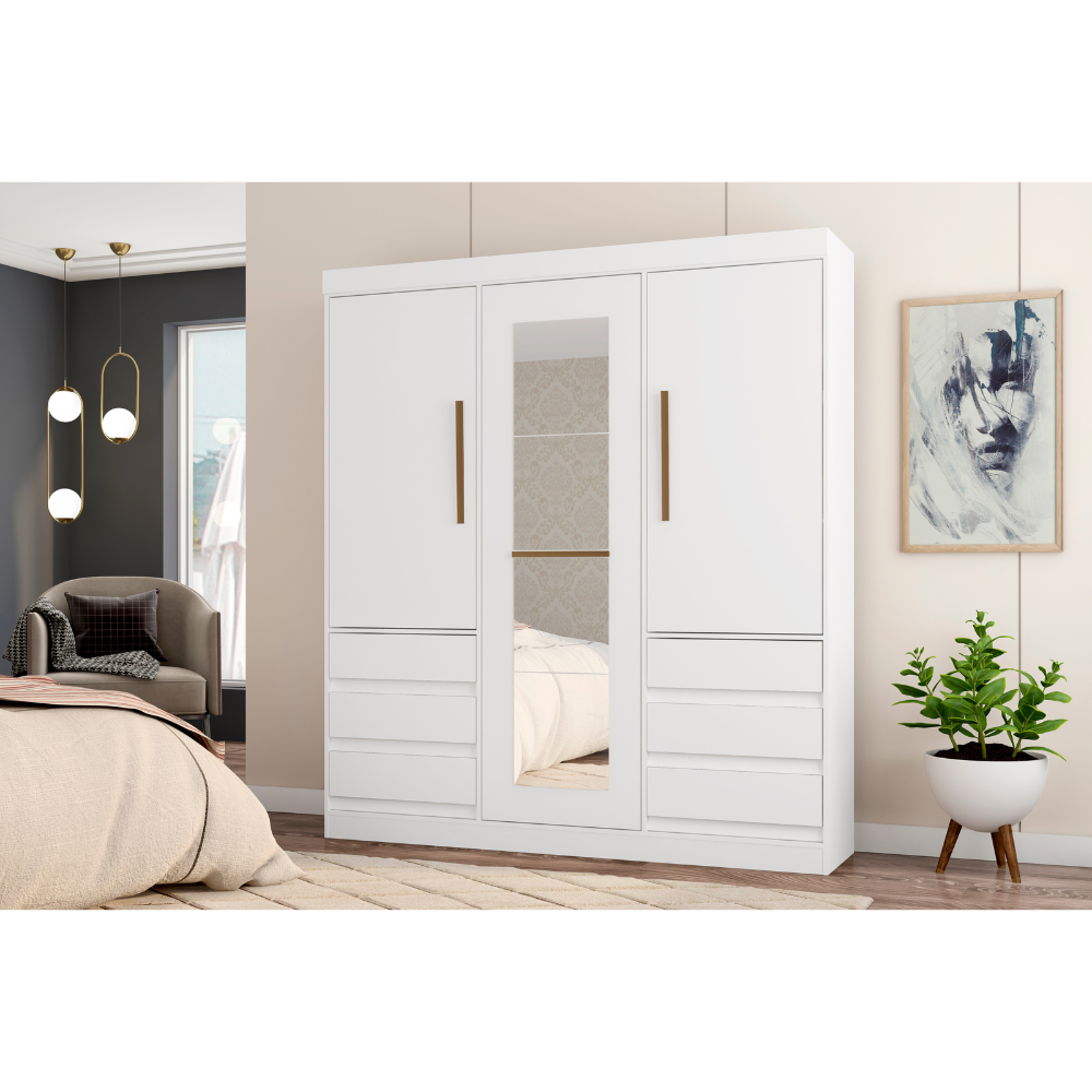 Guarda Roupa Branco com Espelho 3 Portas 6 Gavetas Miami | MadeiraMadeira