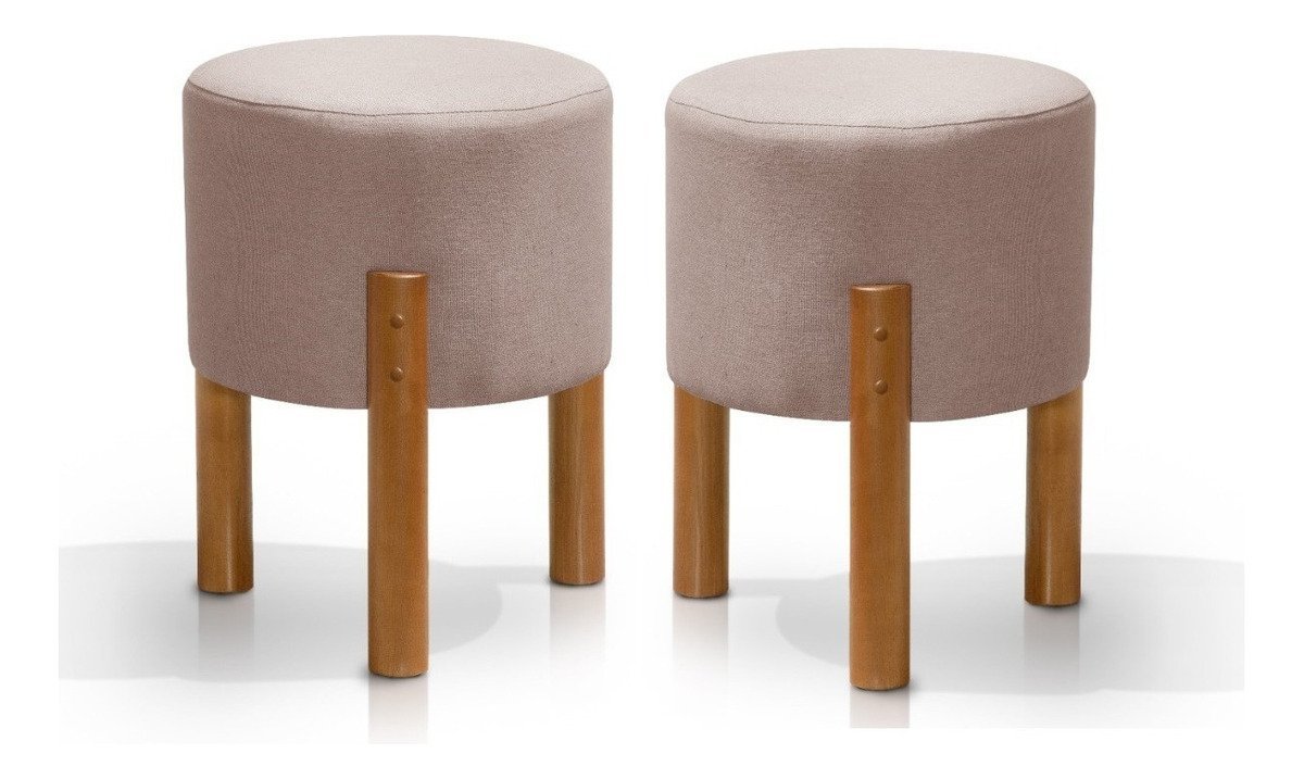 Kit 2 Puff Banquinho Decorativo Redondo em Linho Luxo Pés Madeira ...