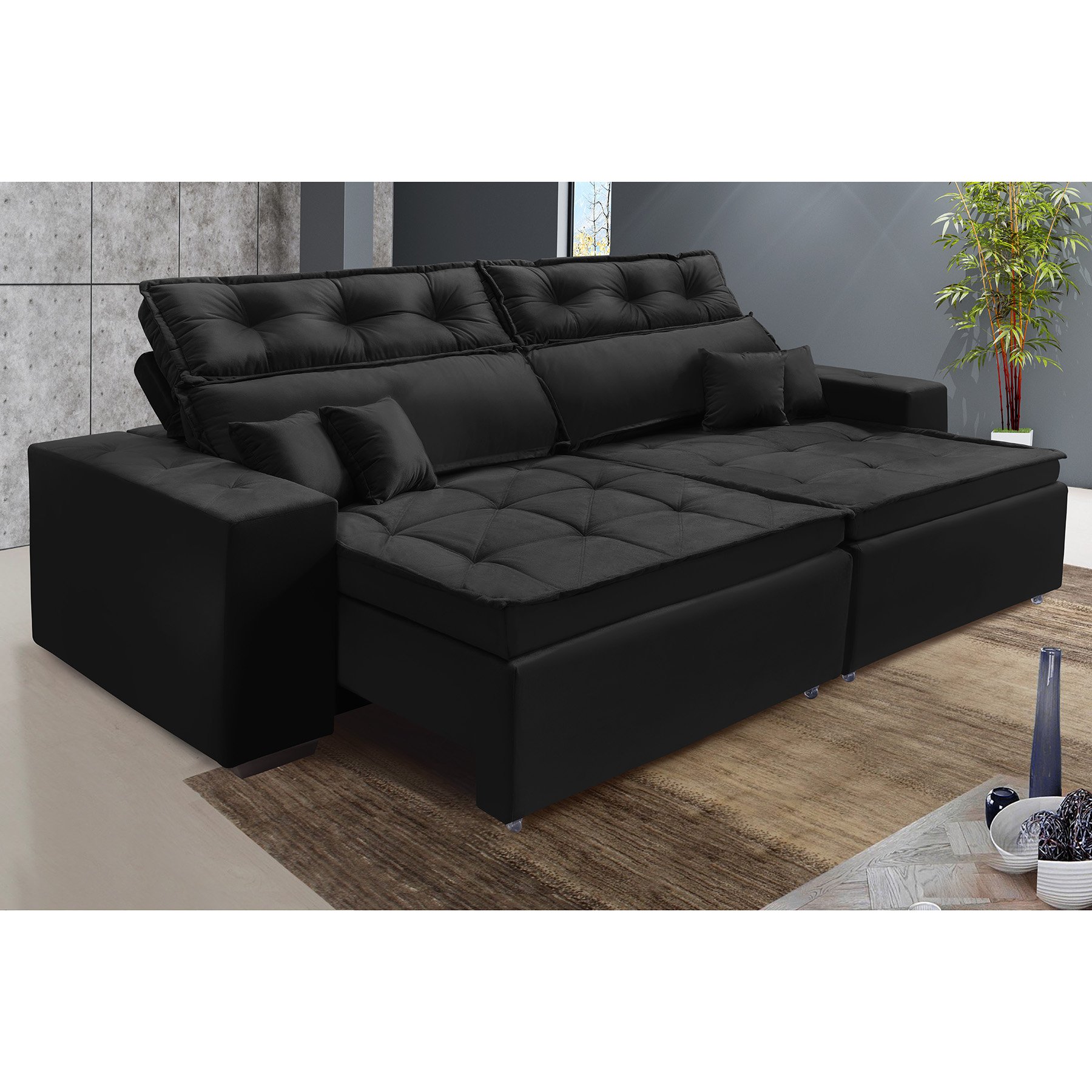 Sofá Veneza Retratil e Reclinavel 2,32 Mts Suede Preto | MadeiraMadeira