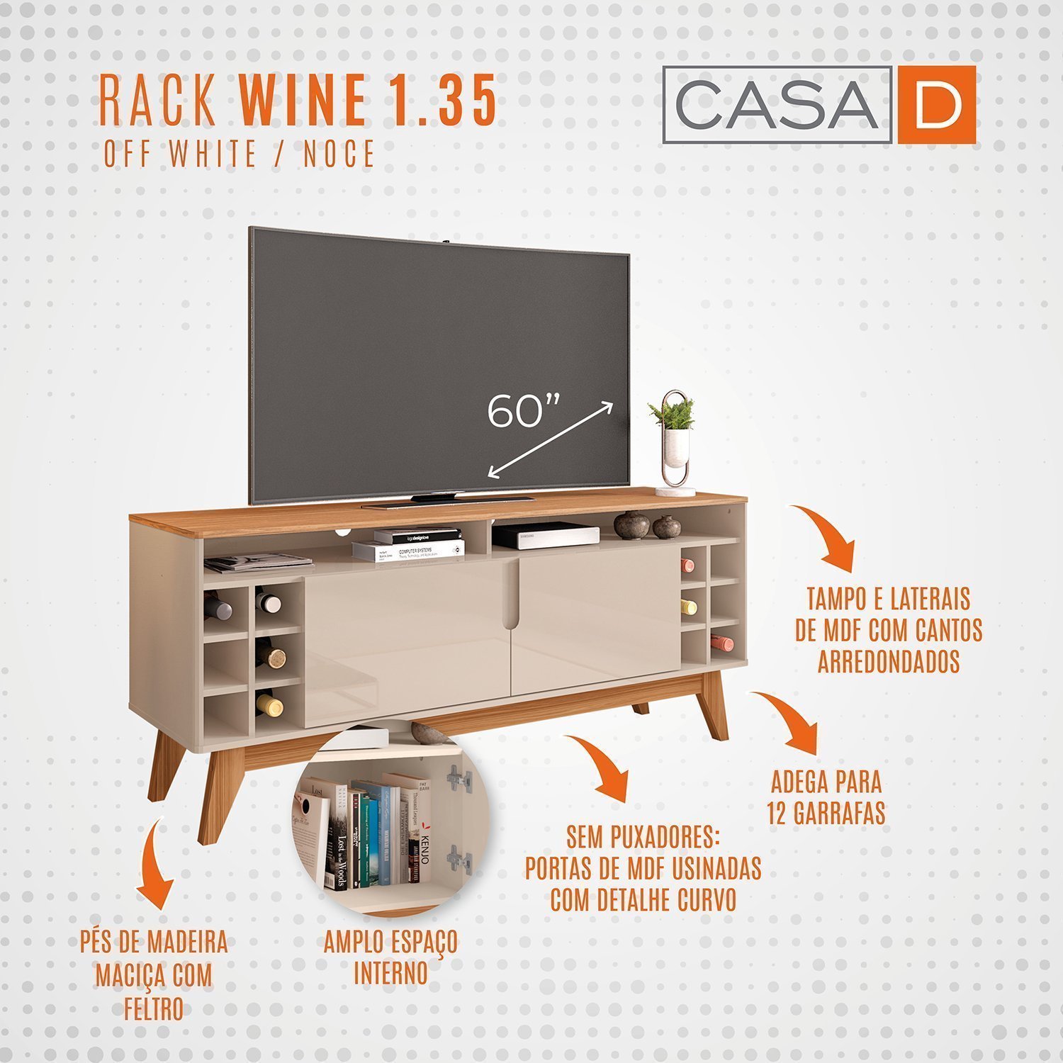 Rack para TV até 60 Polegadas 2 Portas 135cm Wine Versátile Casa D ...