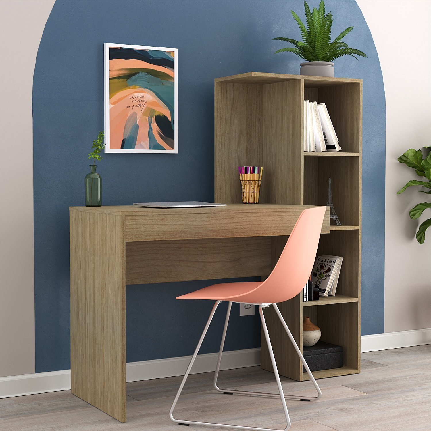 Escrivaninha com Estante 4 Nichos Hecol Móveis | MadeiraMadeira