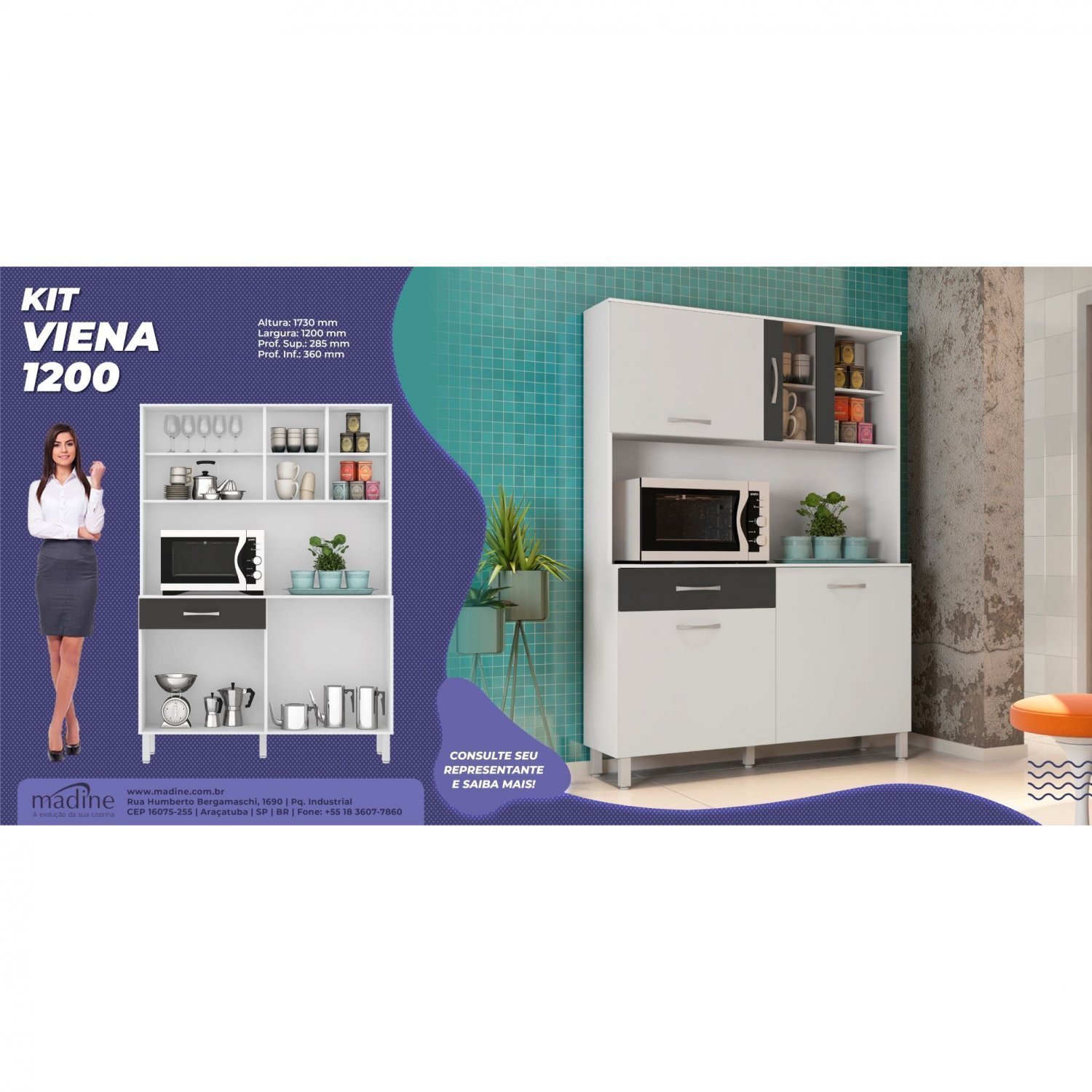 Armário para Cozinha 4 Portas 1 Gaveta Viena Plus Madine | MadeiraMadeira