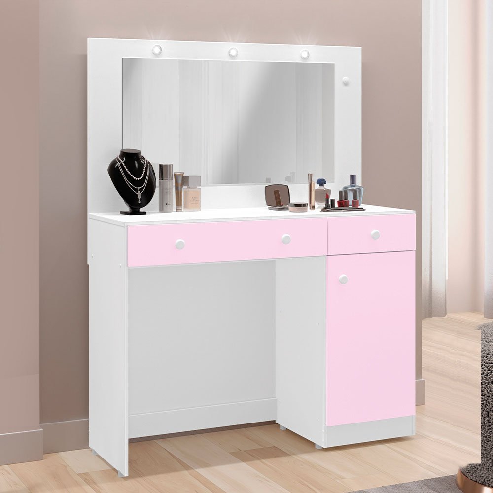 Penteadeira Diva Tuboarte com Led 100% em Mdf Rosa Branco | MadeiraMadeira