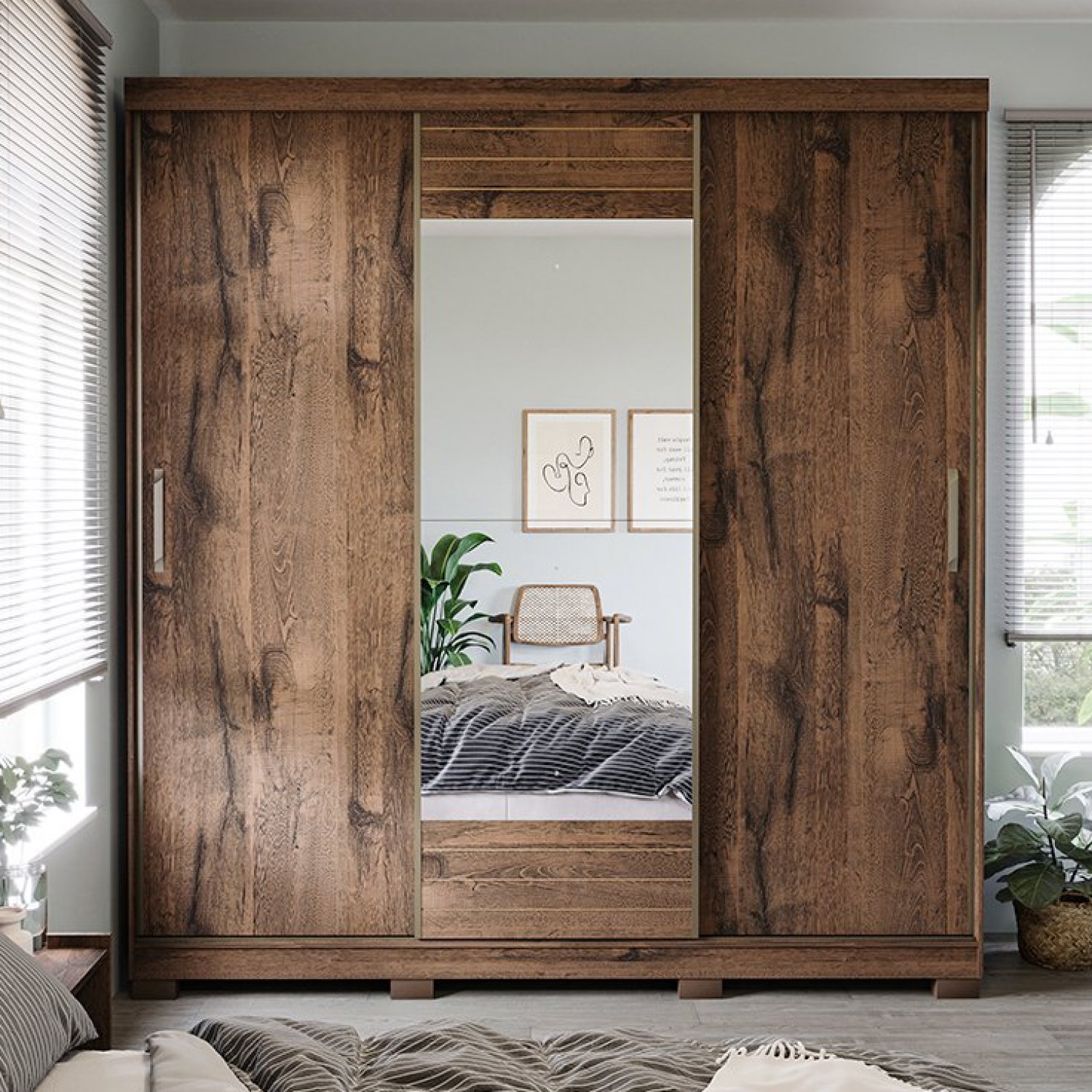 Guarda Roupa Casal em MDF 3 Portas de Correr com Espelho e Pés Búzios ...