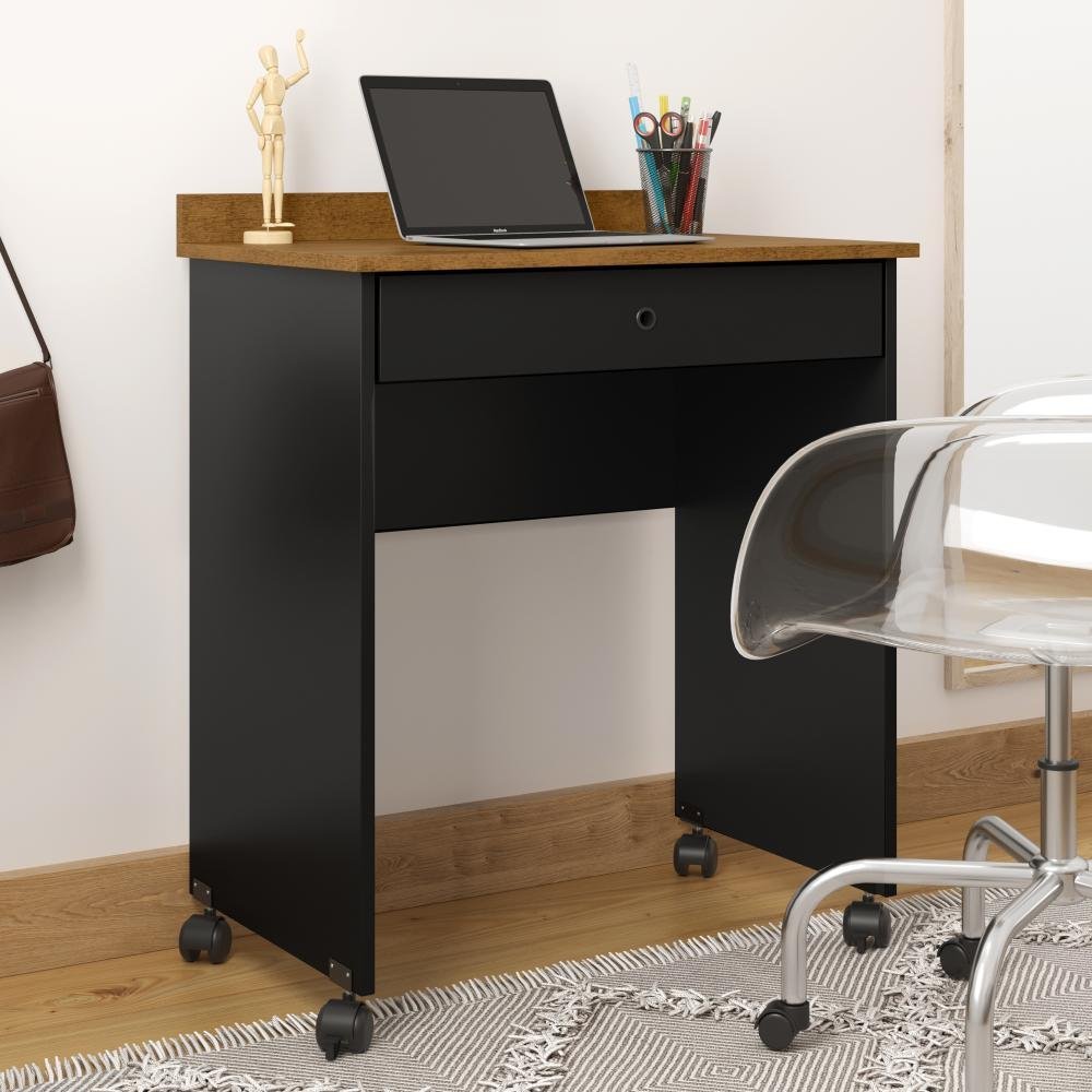 Mesa Computador ou Notebook com Gaveta e Rodízios Prisma -Preto Nature | MadeiraMadeira