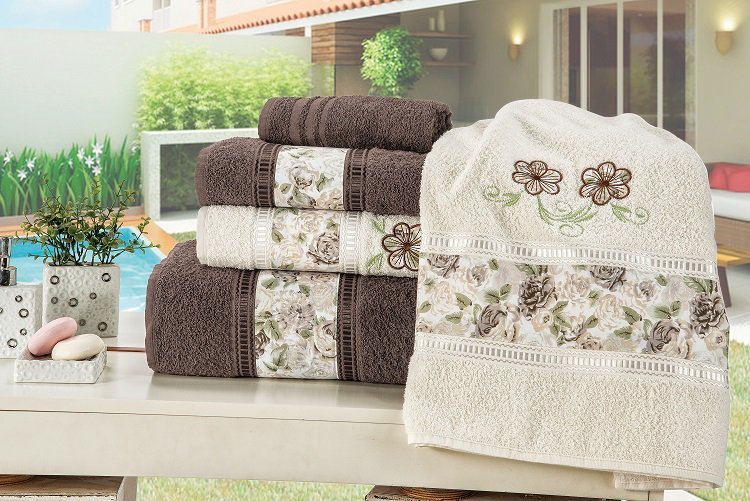 Jogo Toalha De Banho Passione 5Pçs Bordado 100% Algodão Marrom ...