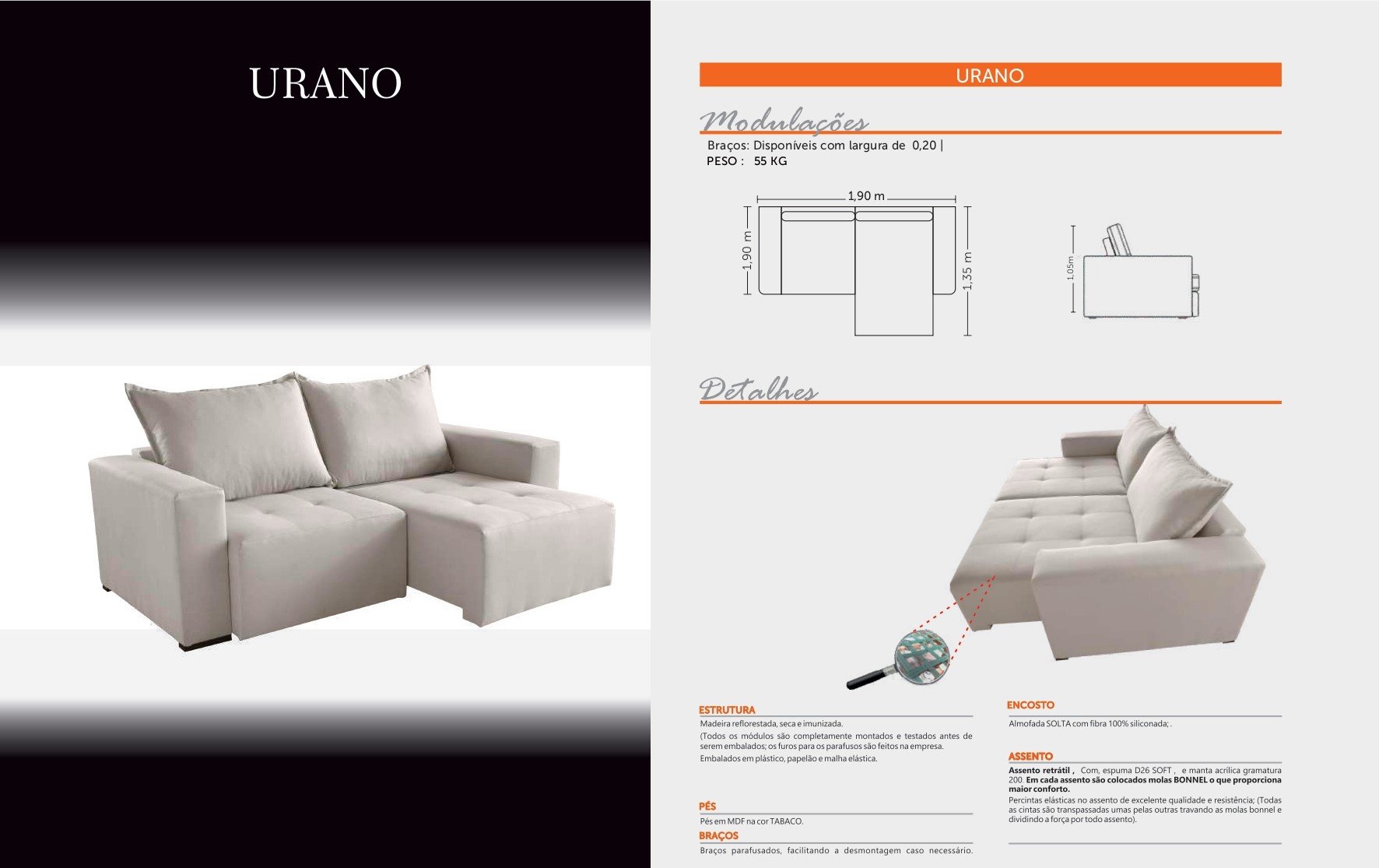 Sofá Retrátil Urano Bege 2.20cm Almofadas Soltas | MadeiraMadeira