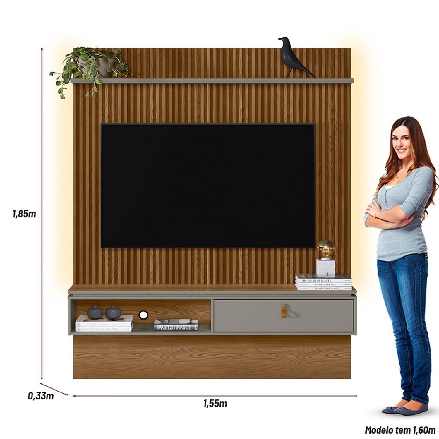 Painel para TV até 65 Polegadas Ripado com Led 1 Porta 1 Nicho 2 ...