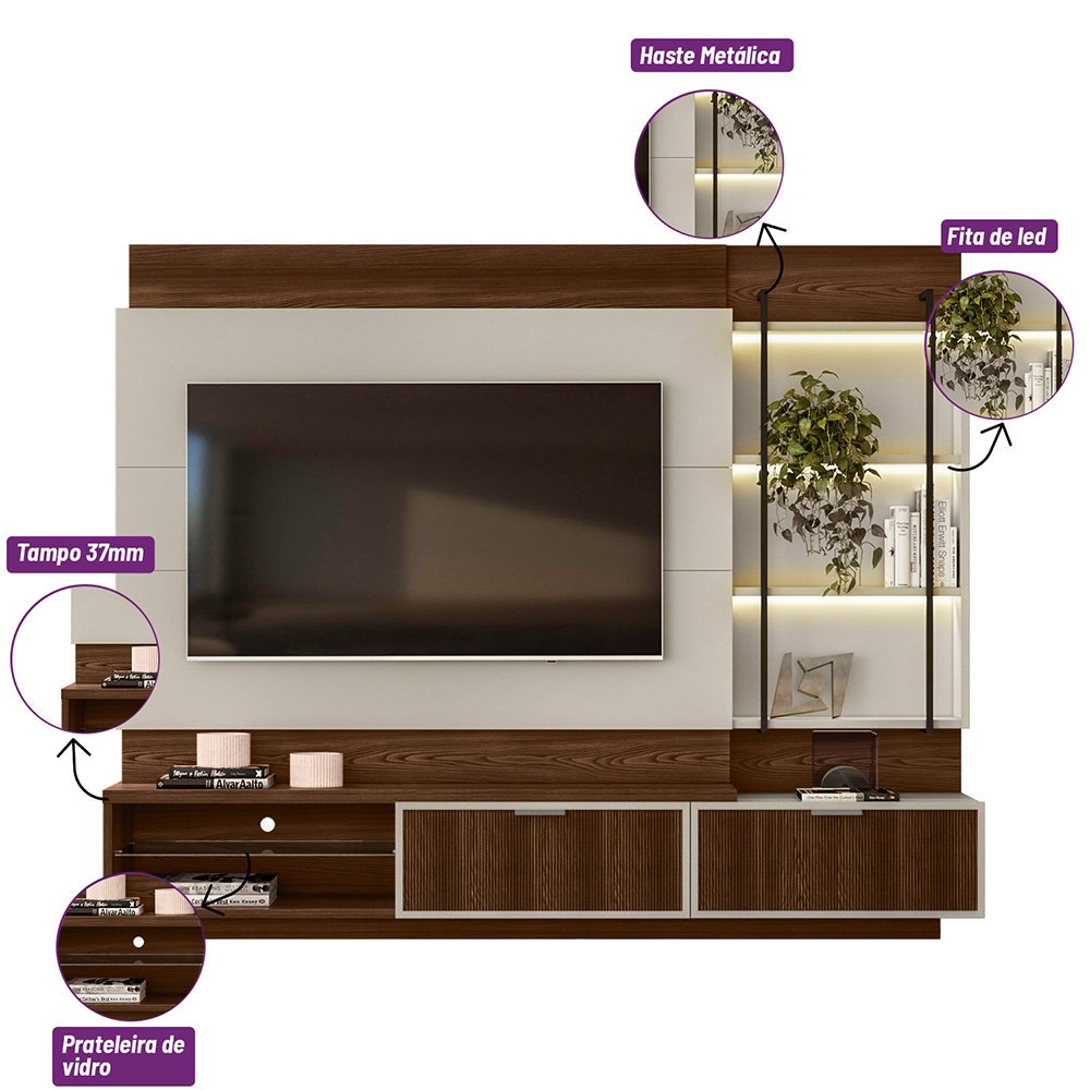 Estante Home Para TVs até 70 Polegadas 2 Gavetas 5 Nichos Maceió Linea Brasil | MadeiraMadeira