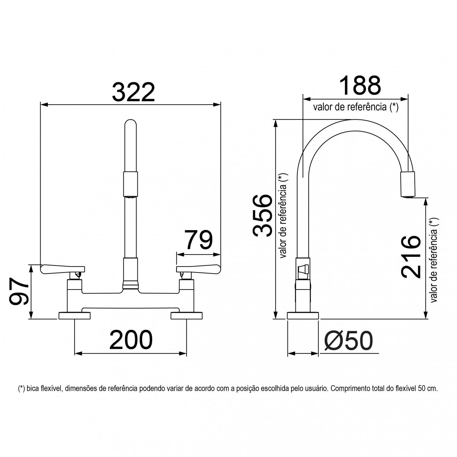 Misturador de Cozinha Mesa Bica Alta Flexível Loren Flex 1256 B27 Metal ...