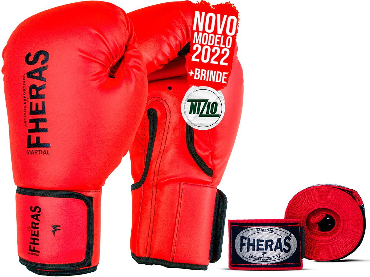 Kit Luva de Boxe Muay Thai MMA Bandagem Vermelha 08oz | MadeiraMadeira