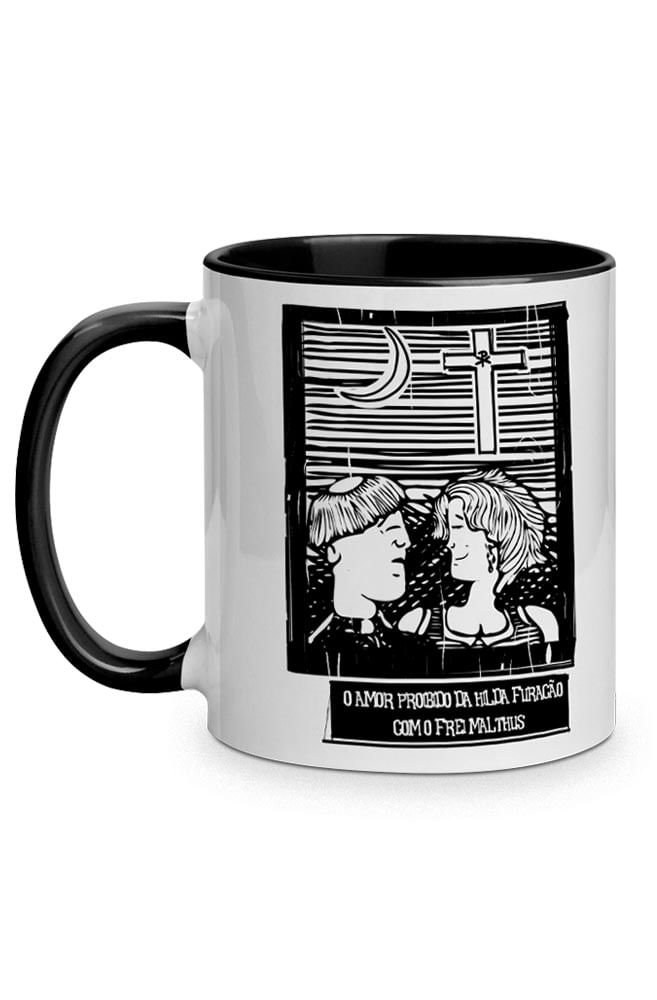 Caneca O Amor em Cordel: Hilda Furacão e Frei Malthus com alça preto ...