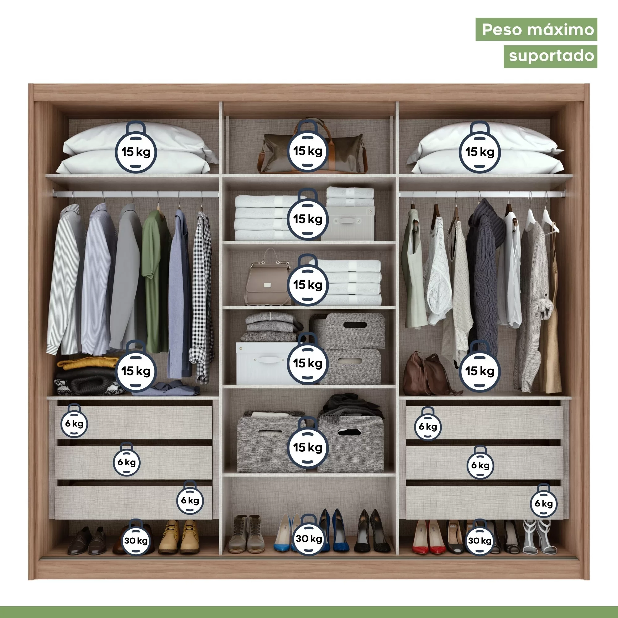 Guarda Roupa Casal em MDF 3 Portas 6 Gavetas Sublime Móveis Lopas | MadeiraMadeira